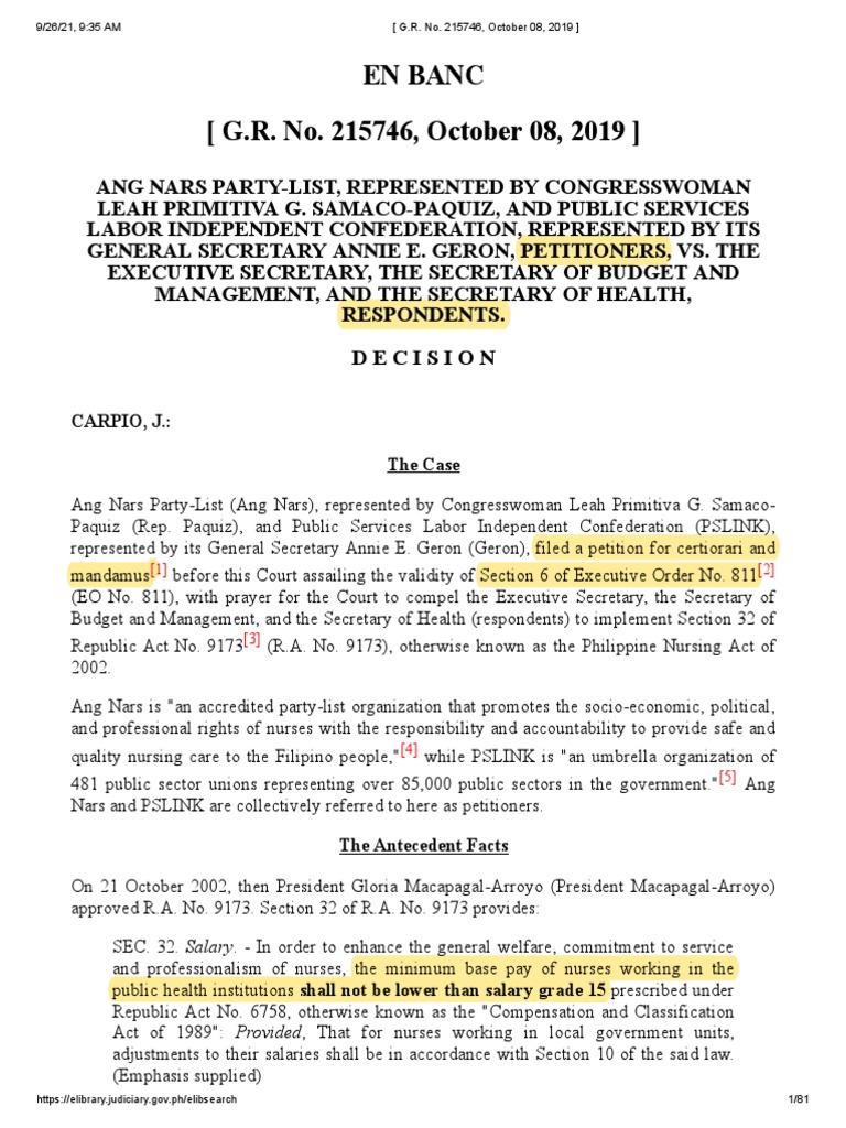 Ang Nars Party List v. The Executive Secretary, G.R. No. 215746 | PDF ...
