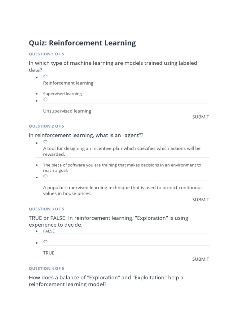Quiz: Reinforcement Learning: Question 1 of 5 | Download Free PDF ...