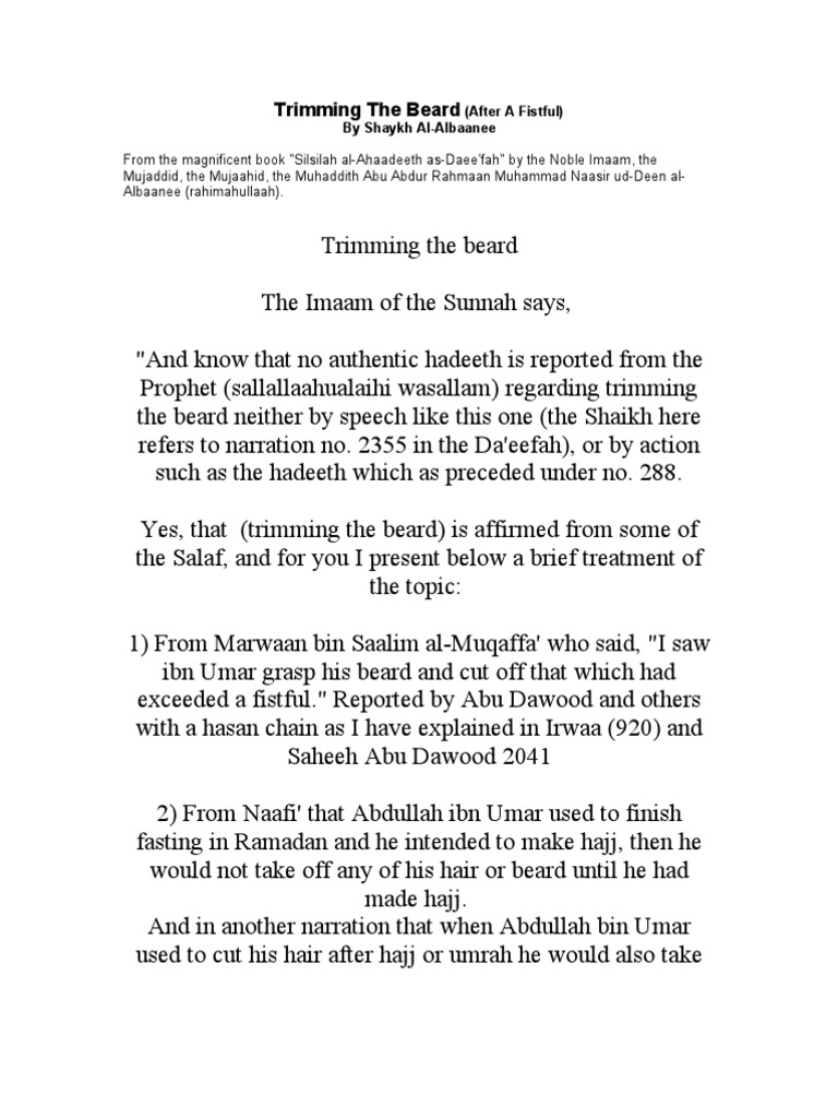 Trimming The Beard | PDF | Hadith | Beard