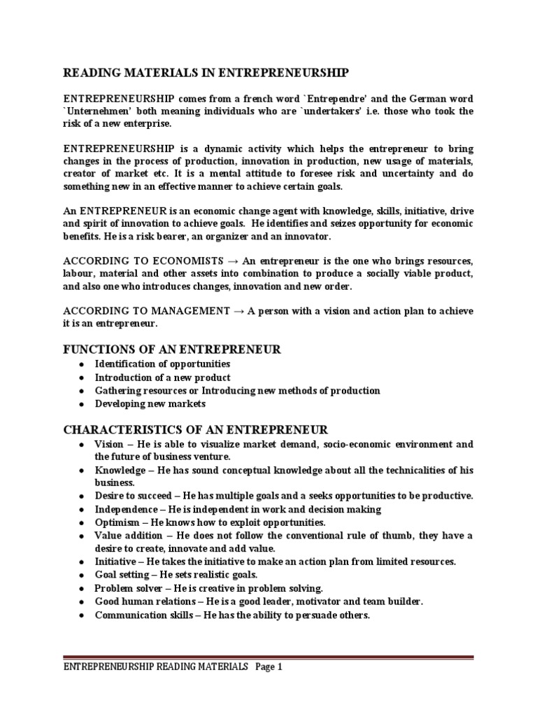Entrepreneurship Reading Materials Page 1 | PDF | Entrepreneurship ...