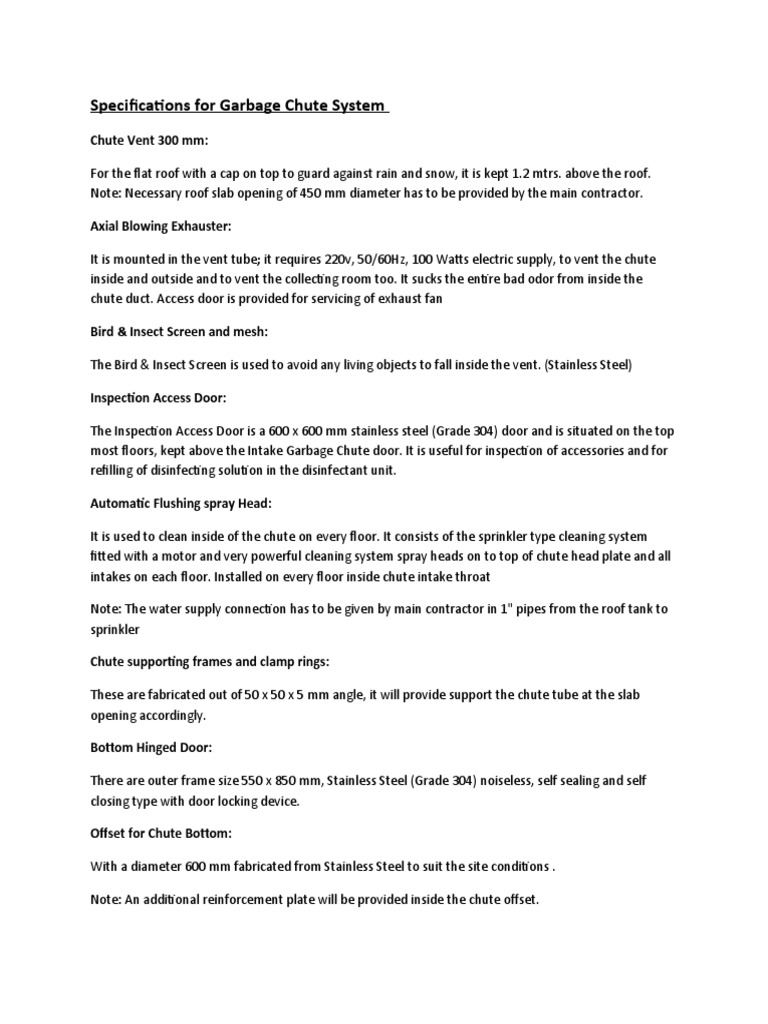 Specifications For Garbage Chute System | PDF | Door | Pipe (Fluid ...