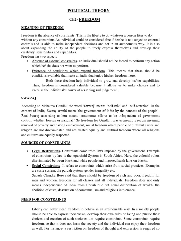 11 Political Science - Freedom - Notes | PDF | Liberty | Liberalism
