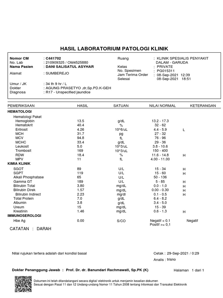 HASIL LABORATORIUM PATOLOGI KLINIK | PDF