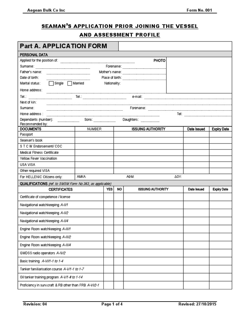 Part A. Application Form: Seaman S Application Prior Joining THE Vessel ...