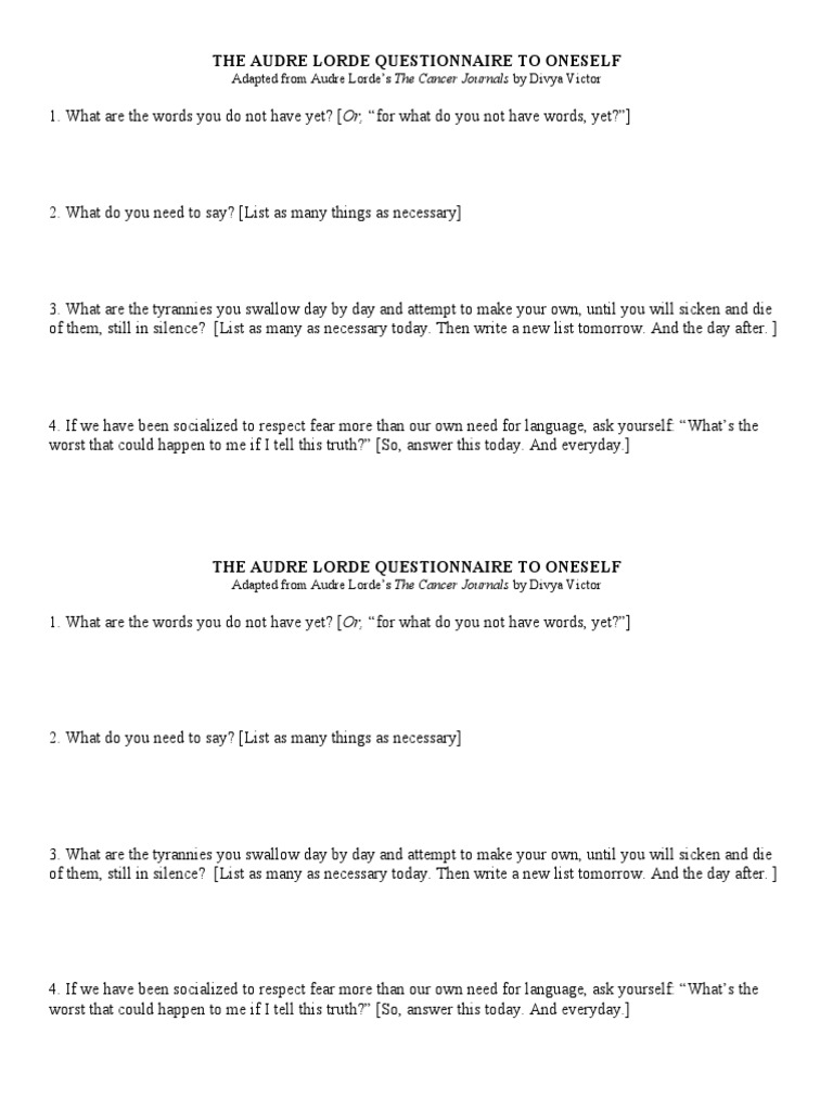 Audre Lorde Discussion Questions and Questionnaire | PDF | Gender ...