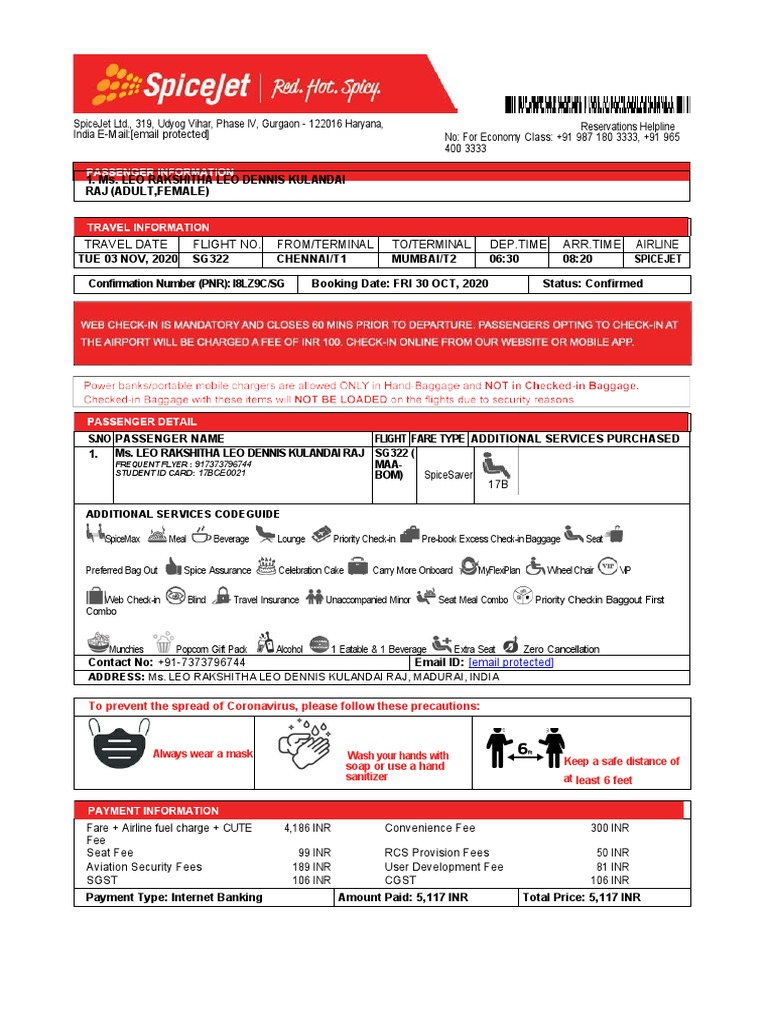 Spicejet Ticketpdf | Download Free PDF | Credit Card | Baggage