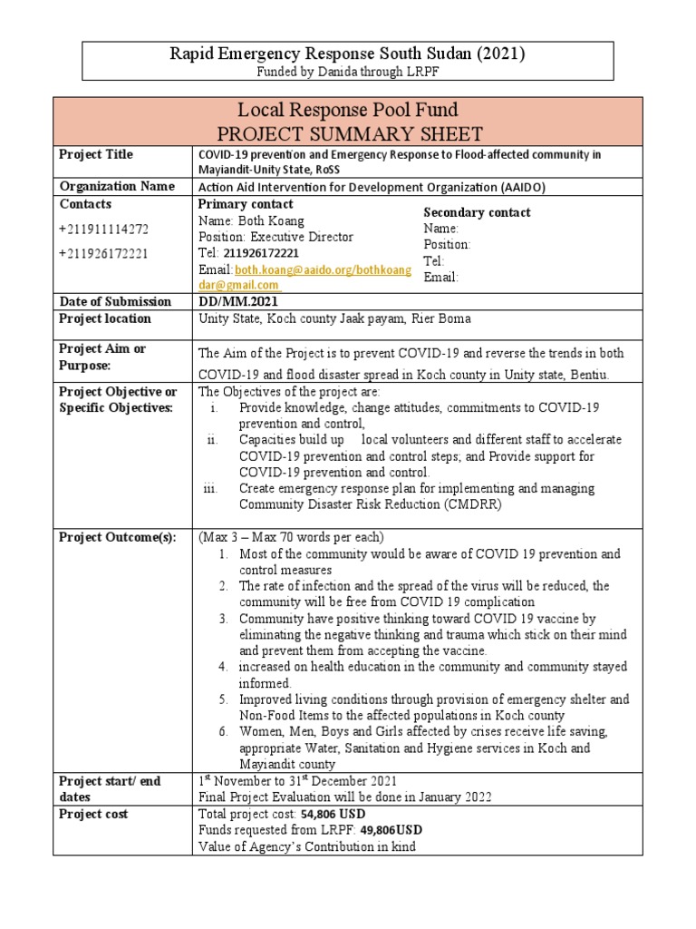 Local Response Pool Fund Project Summary Sheet: Rapid Emergency ...