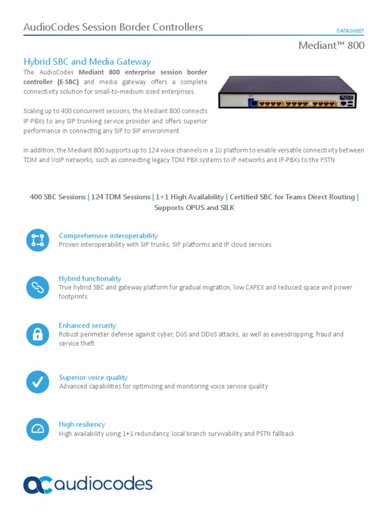 Audiocodes Mediant 800 e SBC and Gateway Datasheet | PDF | Session Initiation Protocol | Cyberspace