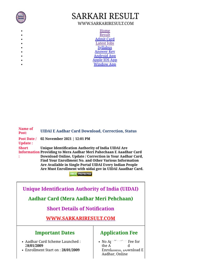 UIDAI E Aadhar Card - Print - Correction, Eaadhar 2021 | PDF | Mobile ...