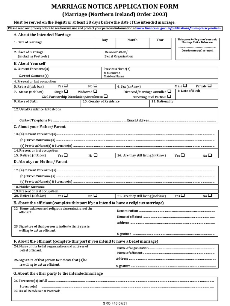 Marriage Notice Form Gro 446 07.21 - 2 | PDF | Marriage | Divorce