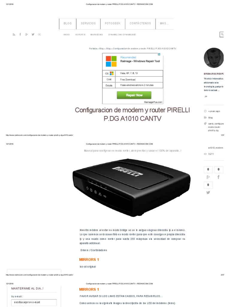 Configuracion de Modem y Router Pirelli PDG A1010 Cantv Rednixcompdf ...