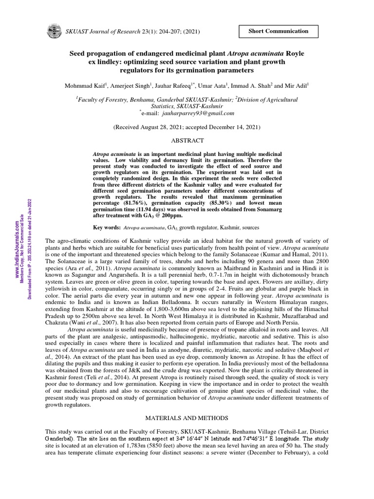 Seed Propagation of Endangered Medicinal Plant Atropa Acuminata Royle ...