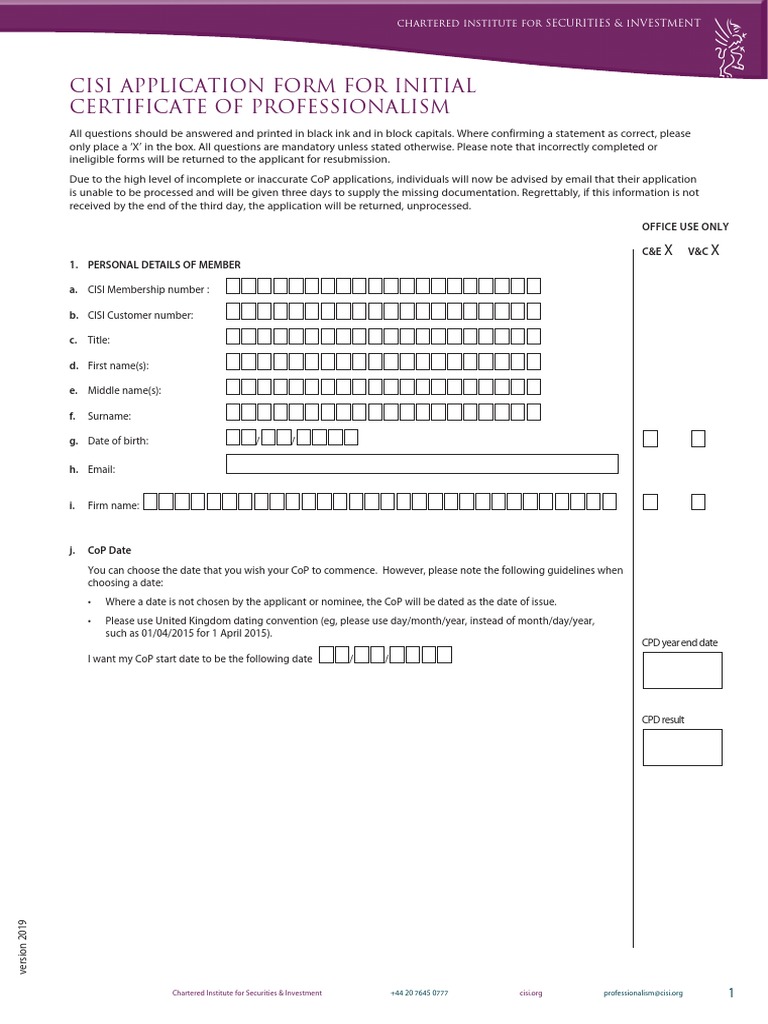 Cisi Application Form For Initial Certificate of Professionalism | PDF ...