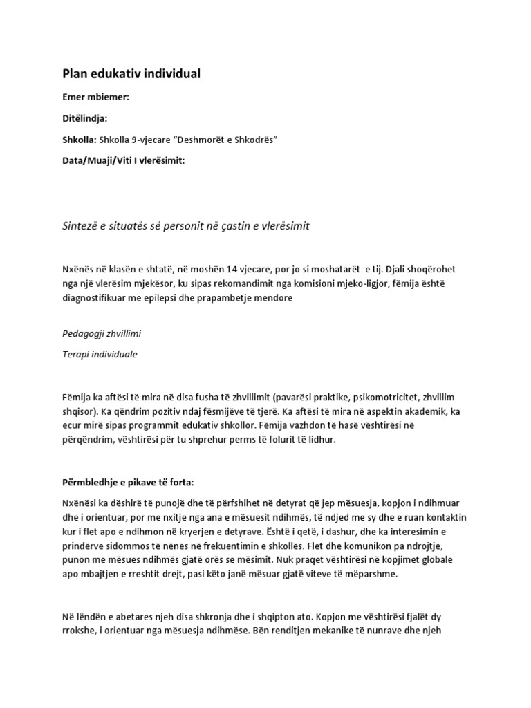 Plani Edukativ Individual PEI Plan Mesimor | PDF