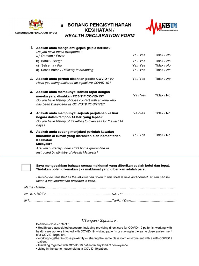 Health Declaration Form: Borang Pengisytiharan Kesihatan | Download ...