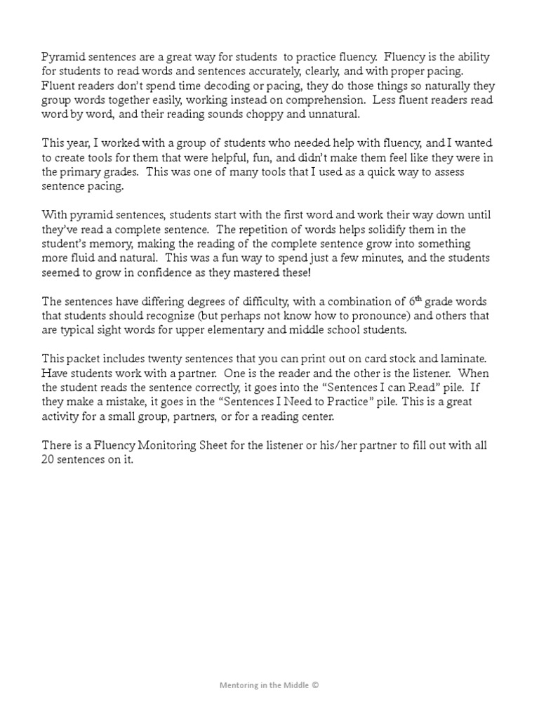 Fluency Practice Pyramid Sentences 2 | PDF | Fluency | Human Communication