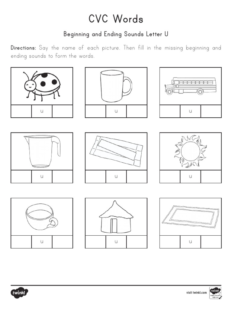 CVC Words Beginning and Ending Sounds Letter U Activity Sheet | PDF