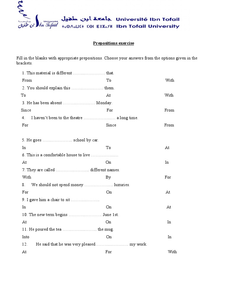 Prepositions Exercise | PDF