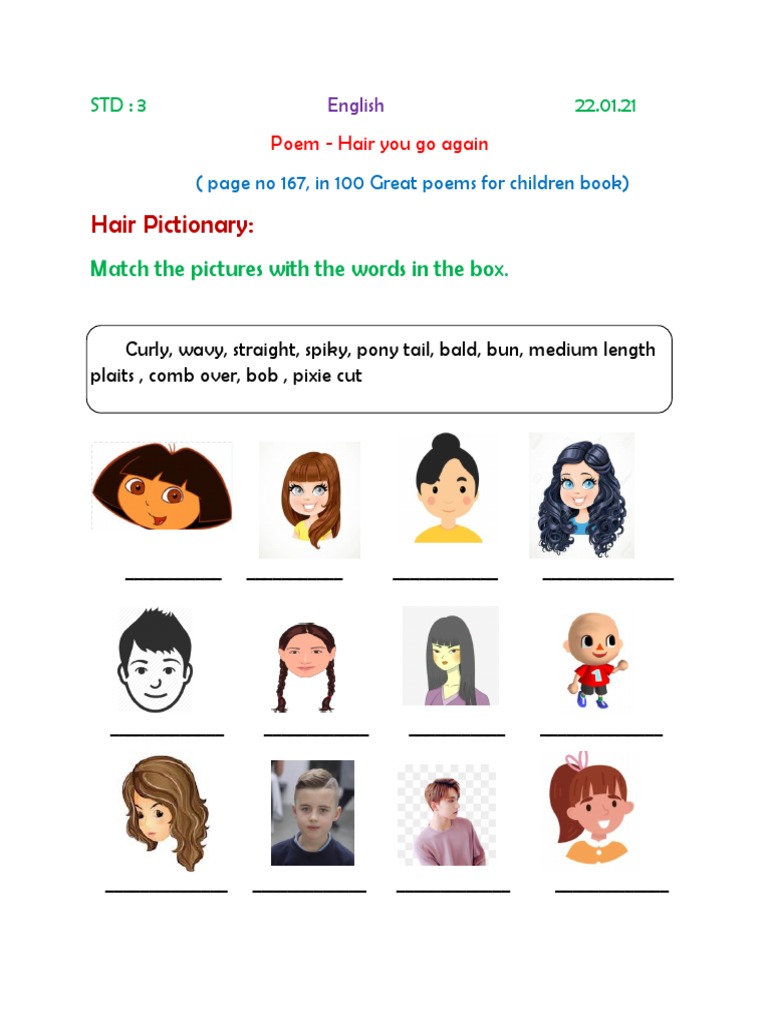 Hair Pictionary:: Match The Pictures With The Words in The Box | PDF