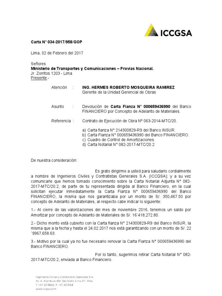 Carta 0xx - Devolucion de Carta Fianza | PDF