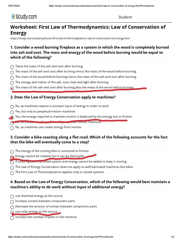 Quiz Worksheet Law of Conservation of Energy.. | PDF | Laws Of Thermodynamics | Mass
