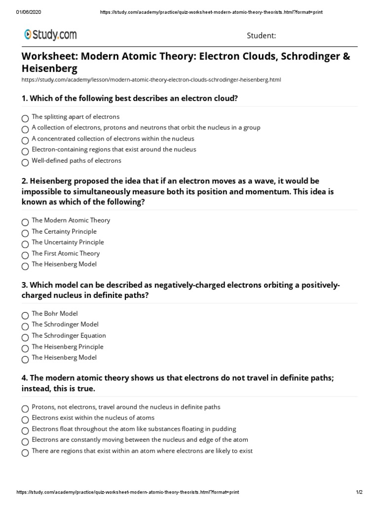 Quiz Worksheet Modern Atomic Theory Theorists | PDF | Atomic Nucleus ...