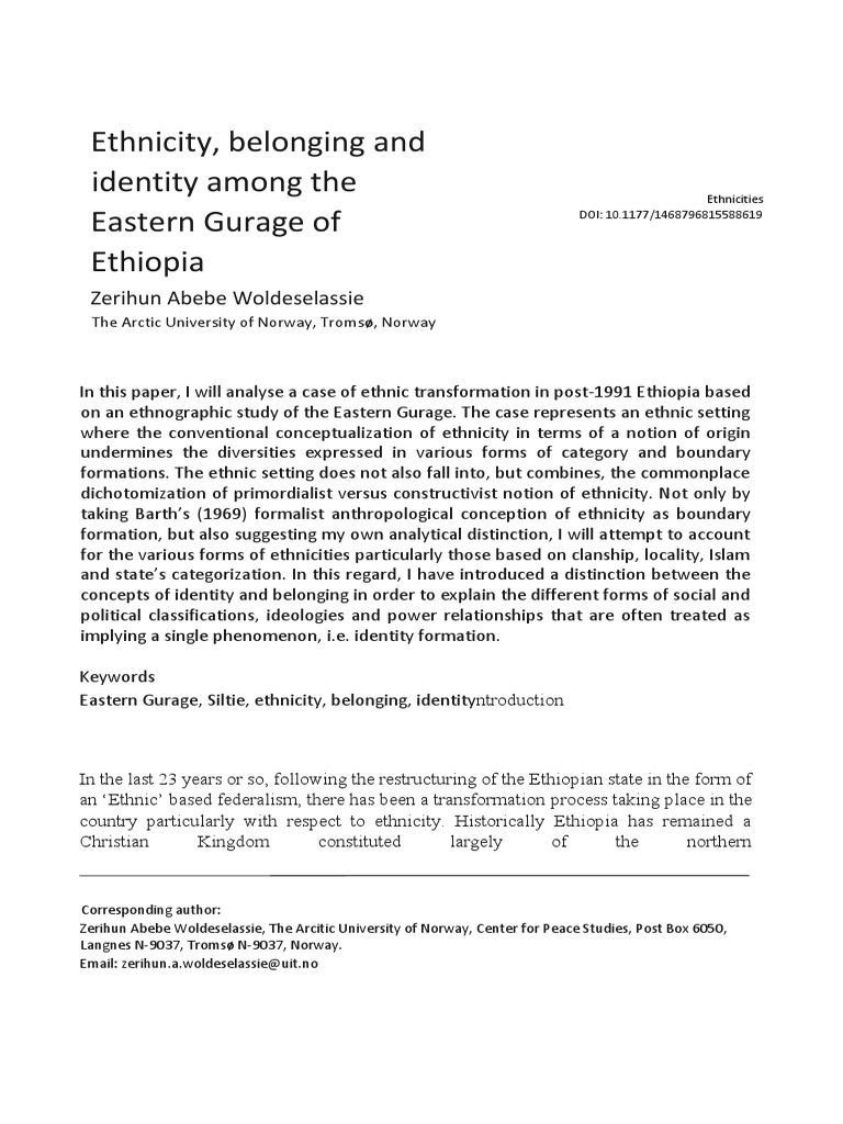 Ethnicity, Belonging and Identity Among The Eastern Gurage of Ethiopia Zerihun Abebe ...