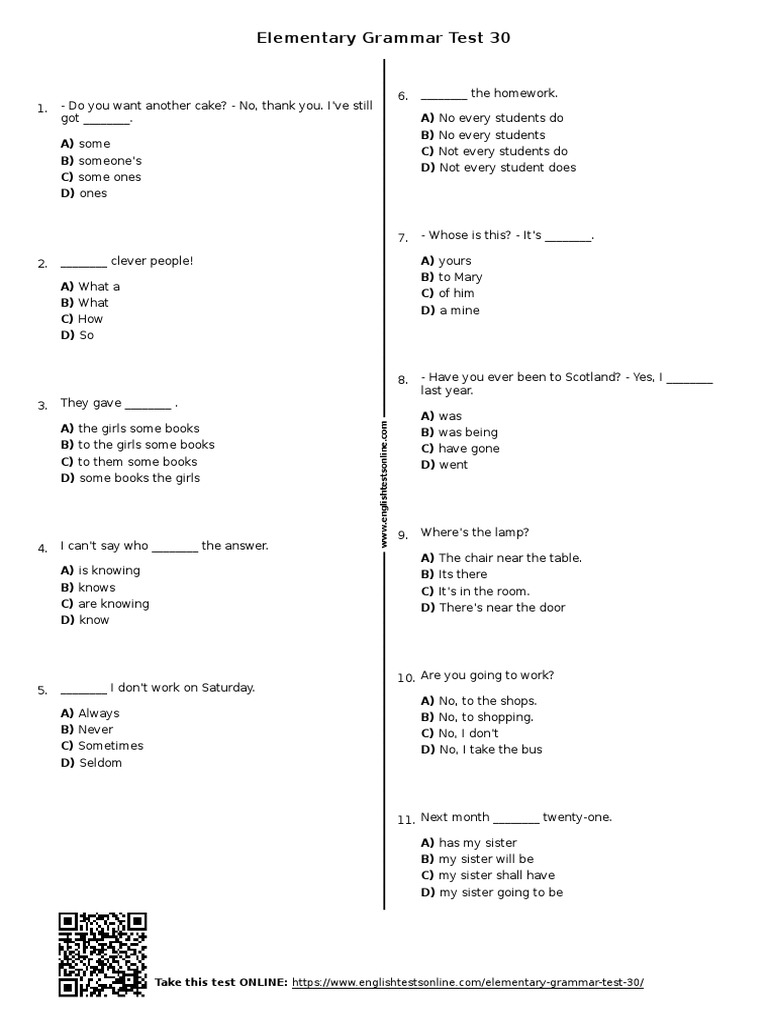 1561 Elementary Grammar Test 30 | PDF