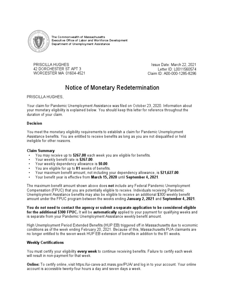 Notice of Monetary Redetermination | PDF | Unemployment Benefits ...