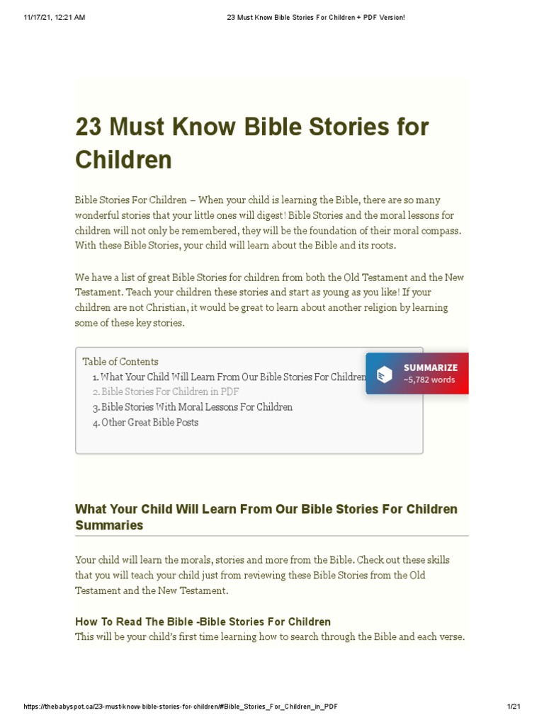 23 Must Know Bible Stories For Children + PDF Version! | PDF | Adam And ...
