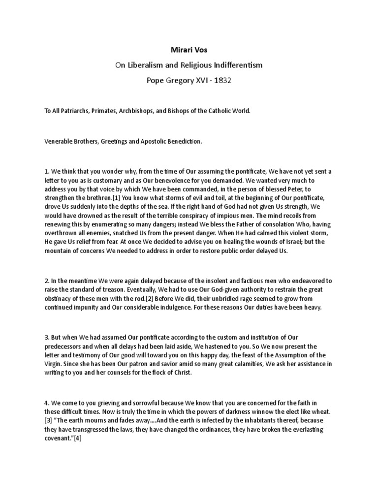 On Liberalism and Religious Indifferentism Pope Gregory XVI - 1832 ...