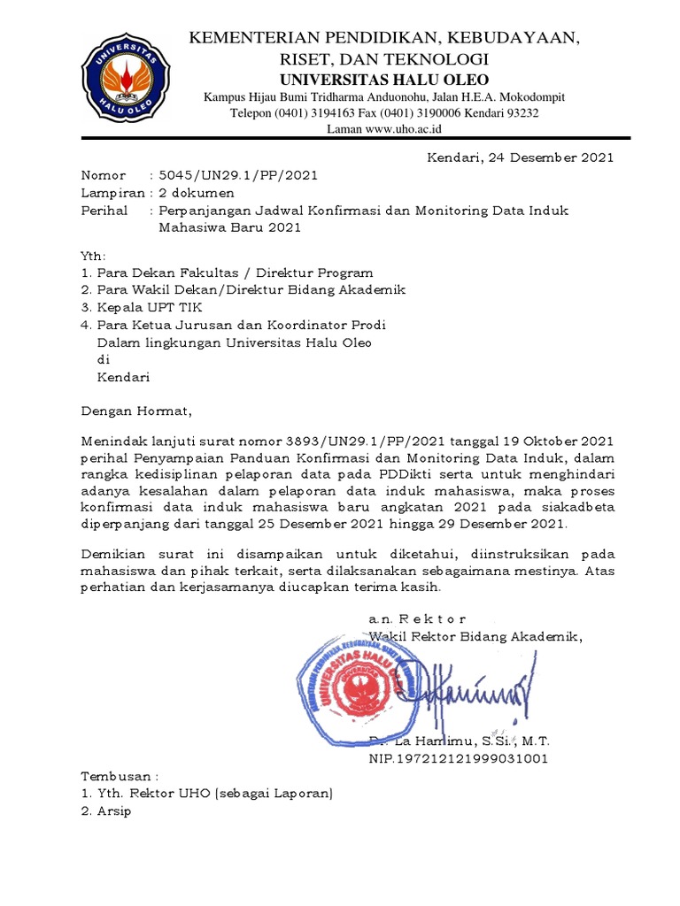 Surat Perpanjangan Jadwal Konfirmasi Data Induk MABA 2021 PLUS Lampiran Lengkap | PDF