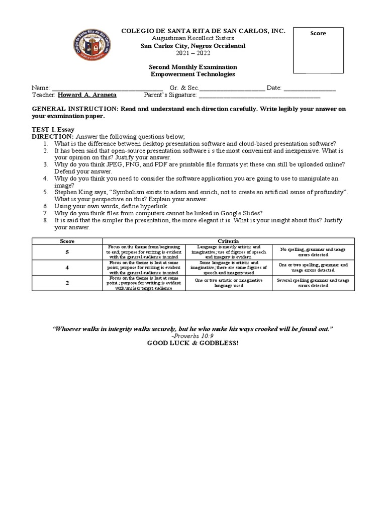 GRADE 11 E Tech 2nd Monthly Examination | PDF | Software | Computing