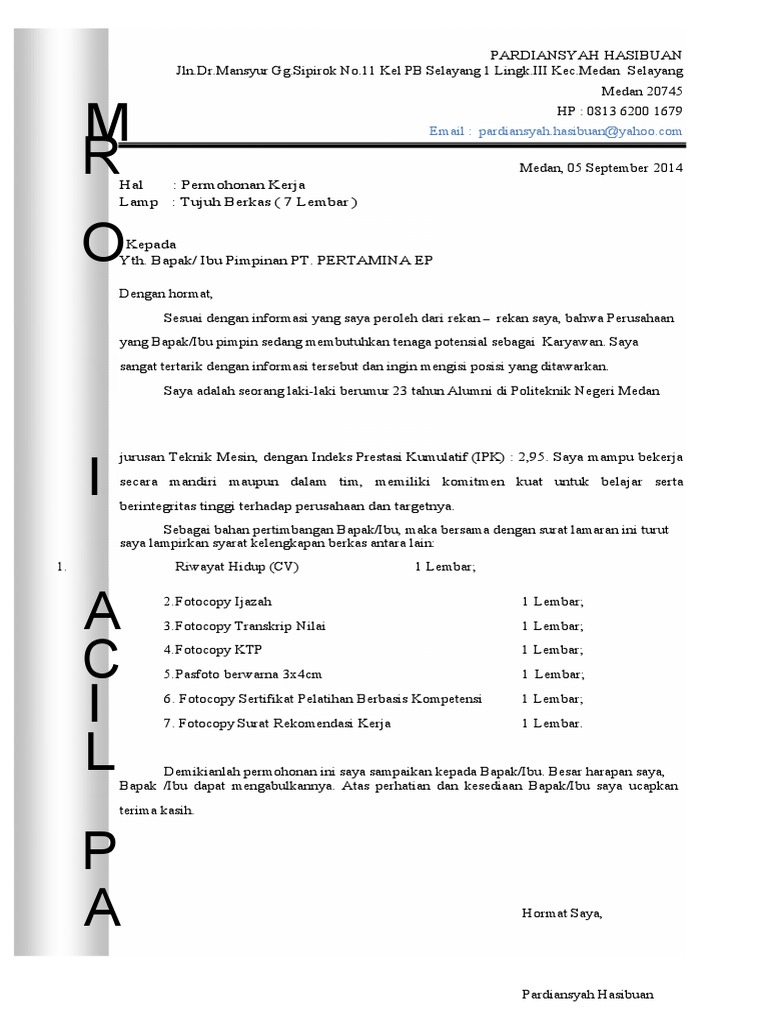 Contoh Surat Lamaran Amp CV PT Pertamina Ep | PDF