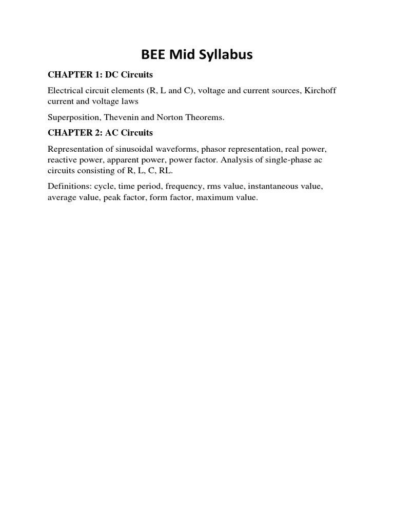 BEE Mid Syllabus: CHAPTER 1: DC Circuits | PDF