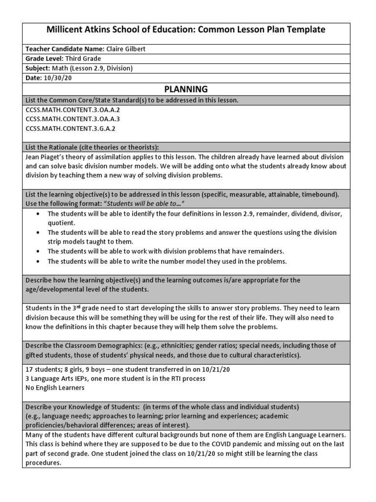 Third Grade Math Lesson | PDF | Learning | Lesson Plan