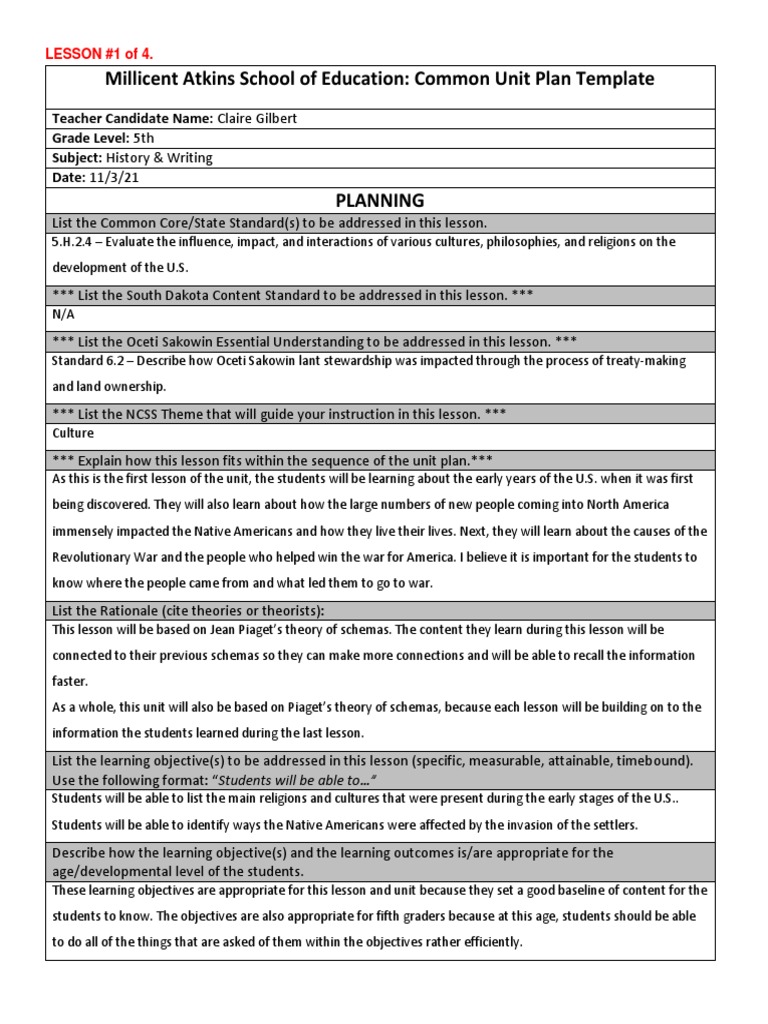 Fifth Grade Social Studies Unit Plan | PDF | Classroom Management ...