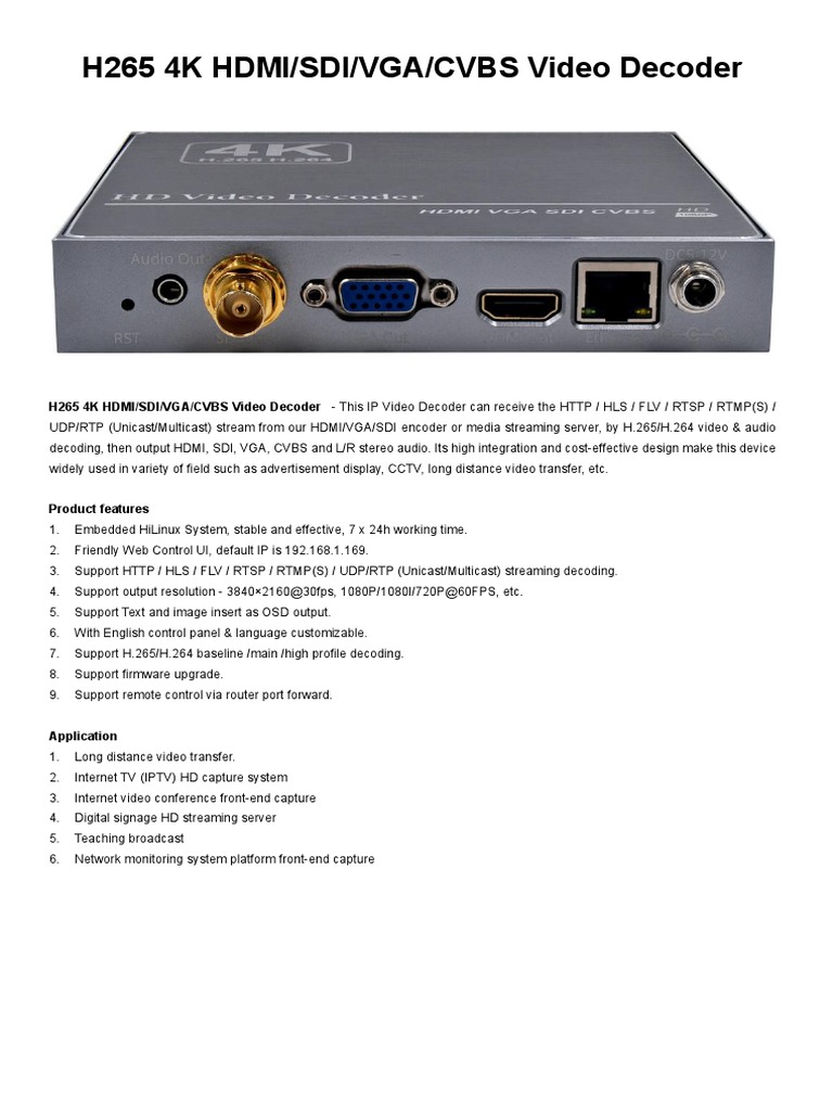 H265 4K HDMI-SDI-VGA-CVBS Video Decoder | PDF | Streaming Media | Video