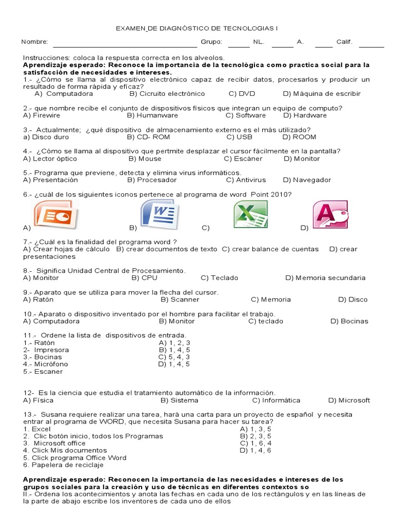 Examen Diagnóstico de Tecnologías I | PDF | Hardware de la computadora ...