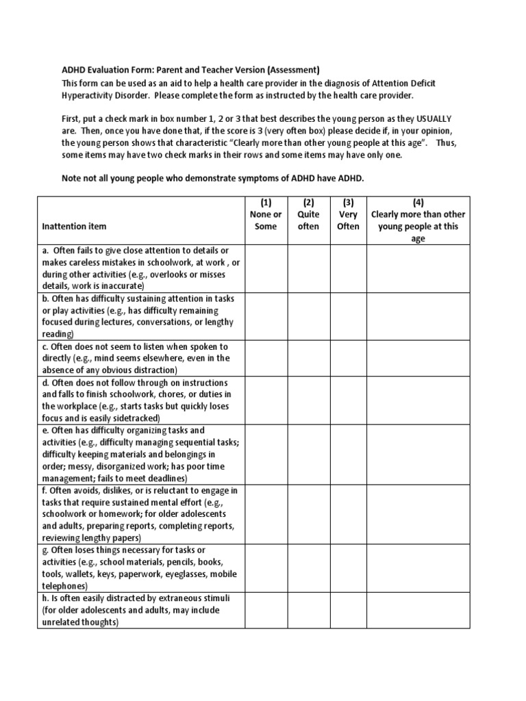 ADHD Evaluation Form: Parent and Teacher Version (Assessment) | PDF ...