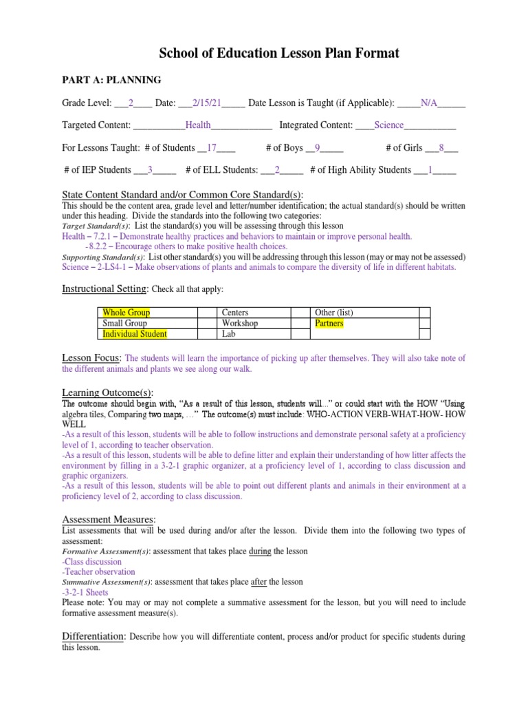 Integrated Health Lesson Plan | PDF | Educational Assessment ...