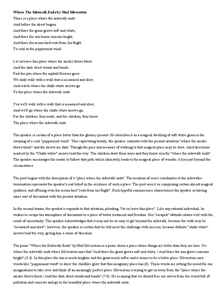 "Where the Sidewalk Ends Analysis" | PDF | Poetry