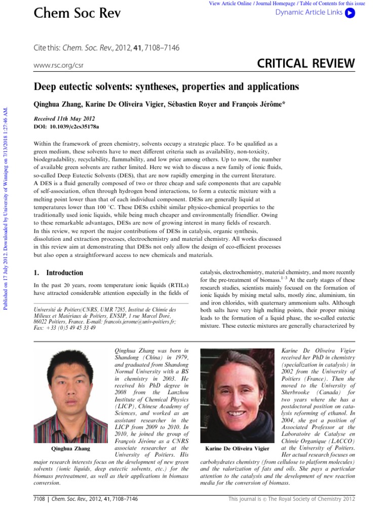Deep Eutectic Solvents Syntheses, Properties and Applications | PDF ...
