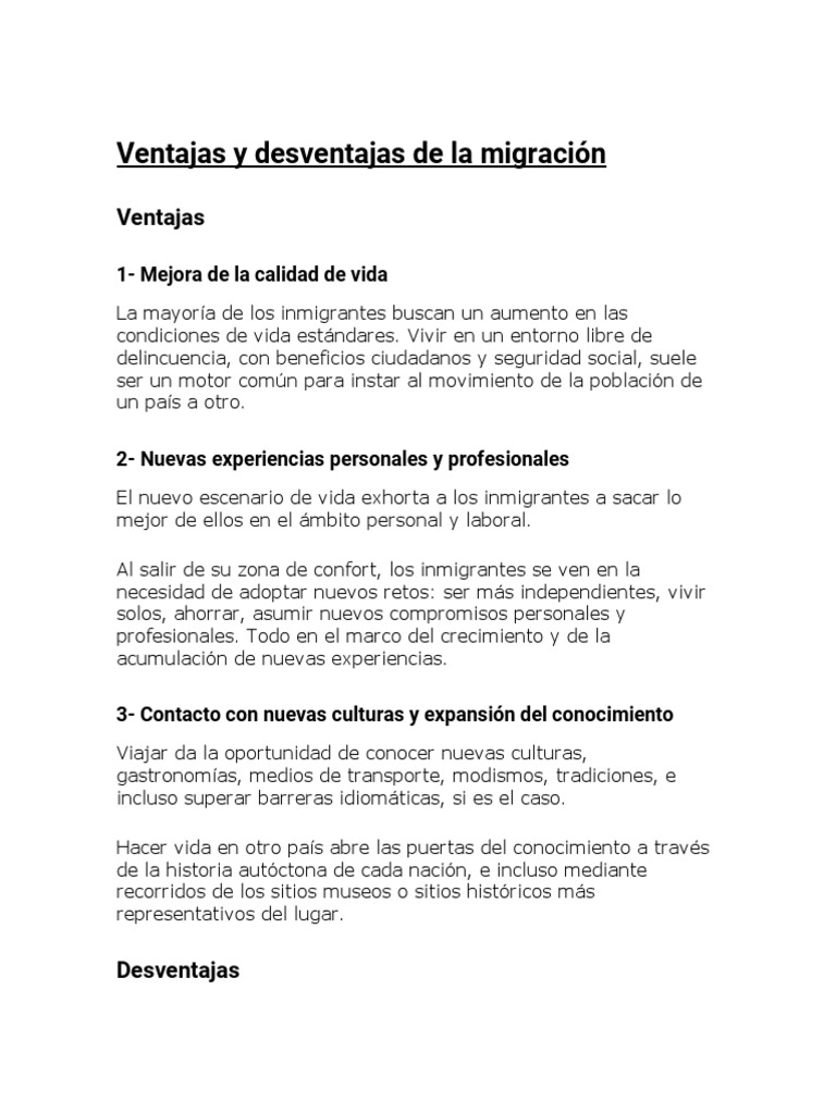 Ventajas Y Desventajas De La Migración Pdf