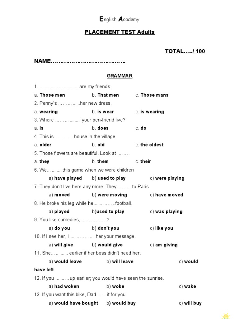 Placement TEST Adults: Grammar | PDF