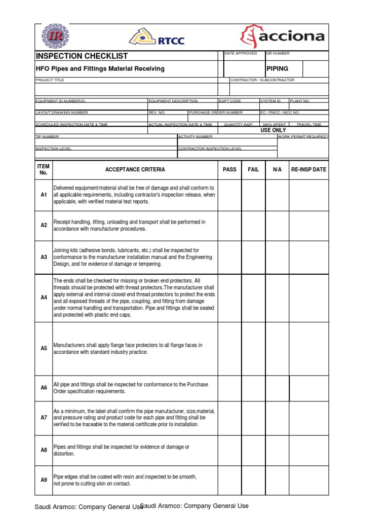 Inspection Checklist: HFO Pipes and Fittings Material Receiving Piping ...