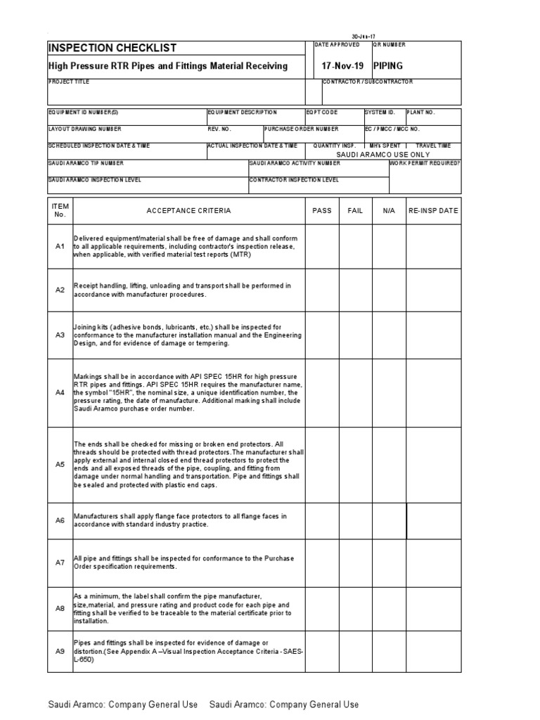 Inspection Checklist: High Pressure RTR Pipes and Fittings Material ...