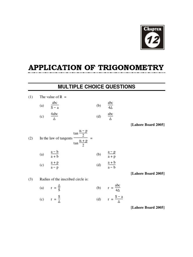 Application of Trigonometry: Multiple Choice Questions | Download Free ...