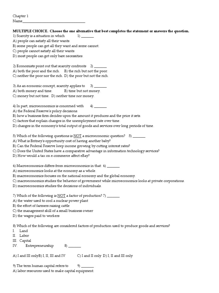 Chapter 1 Multiple Choice Questions on Scarcity, Opportunity Cost, and ...
