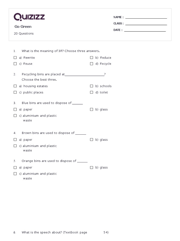 Go Green - Print - Quizizz | PDF | Recycling | Waste